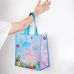 BLEWINDZ Large Gift Bags with Tissues – 3Pcs Mermaid Girls Kids Tote Reusable Gift Bags with Handles for Birthday Party Favors, Baby Showers, Shoppings (13" x 7" x 13.2")