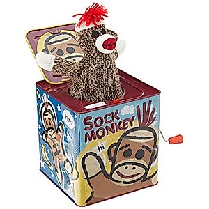 Sock Money Jack in the Box - Timeless Children's Musical Toy - Colorful Embossed Tin Box and Classic Sock Monkey Design - Age 18 months and Up