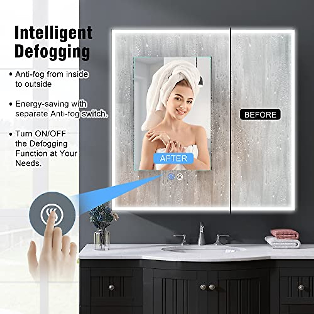 VESLINY Medicine Cabinets 30x32 LED Lighted Medicine Cabinet with Mirror for Bathroom Double Doors with Flip-Out Magnifying Mirror Door Storage Defogger Dimmable Lighting Black Surface Wall Mount