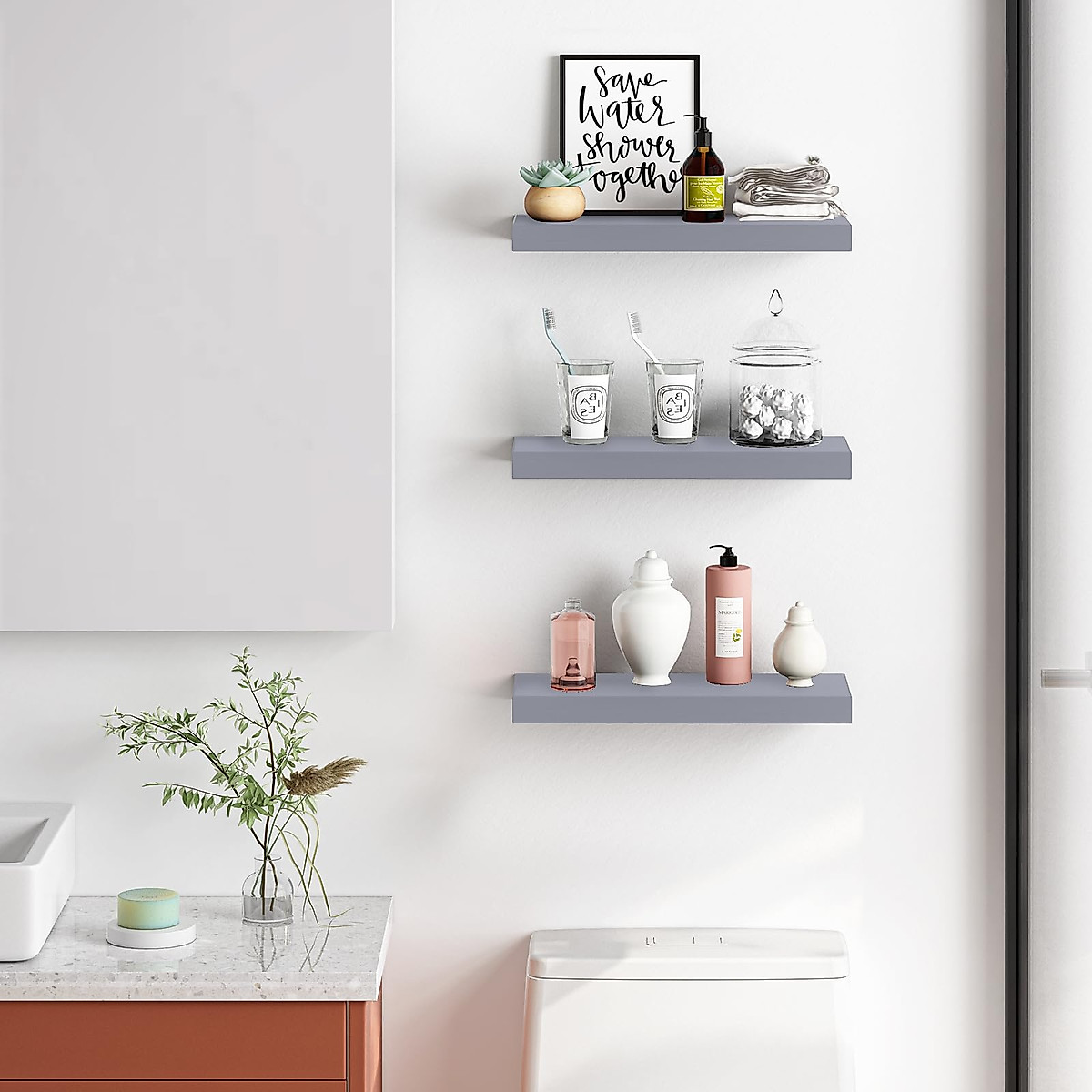 Fixwal 15.8in Floating Shelves, Rustic Wood Shelves for Wall Storage with Invisible Brackets, Farmhouse Wall Decor for Bathroom, Living Room,Bedroom and Kitchen, Set of 3(Gray)