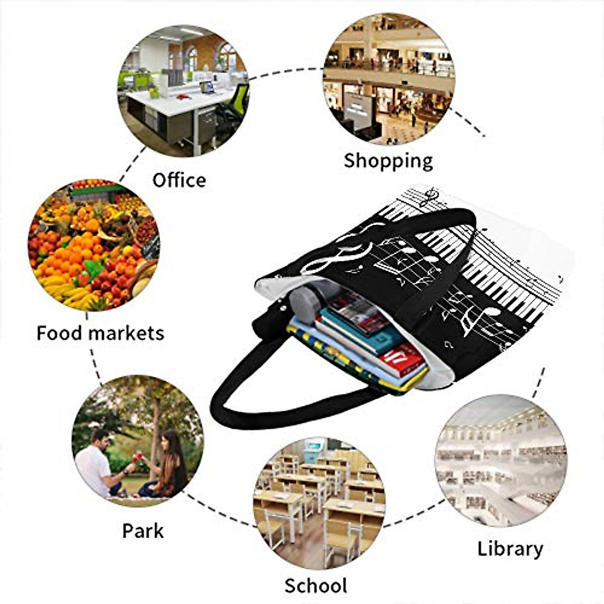 Moslion Music Note Canvas Bags Piano Keys Musical Keyboard Black White Tote Bags Laptop Bags Large Bulk Reusable for Women Men Work Study 15x16 Inch