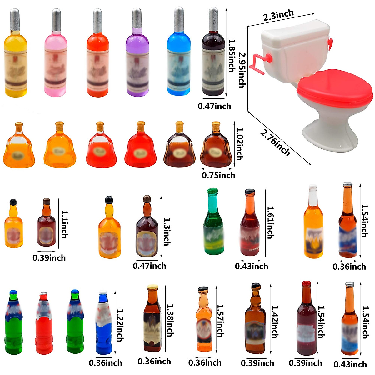 30 PCS 29 Styles Mini Wine Bottles Cake Toppers with 1 Plastic Miniature Toilet Toy Funny Dollhouse Cupcake Cake Topper Gift Set for Birthday Party Bachelorette Party Decorations