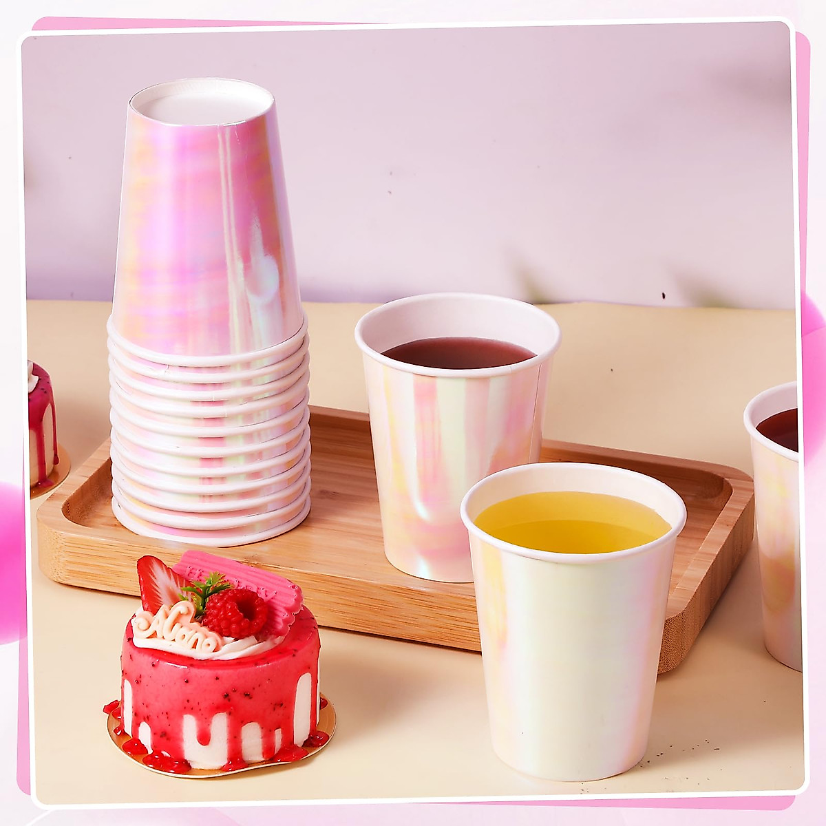 Uiifan 100 Pieces Iridescent Paper Cups 9 oz Disposable Pink Paper Cups Drink Cup Rainbow Design Cups for Beverage Picnics Christmas Day Birthday Party Wedding Halloween Thanksgiving(Pink)