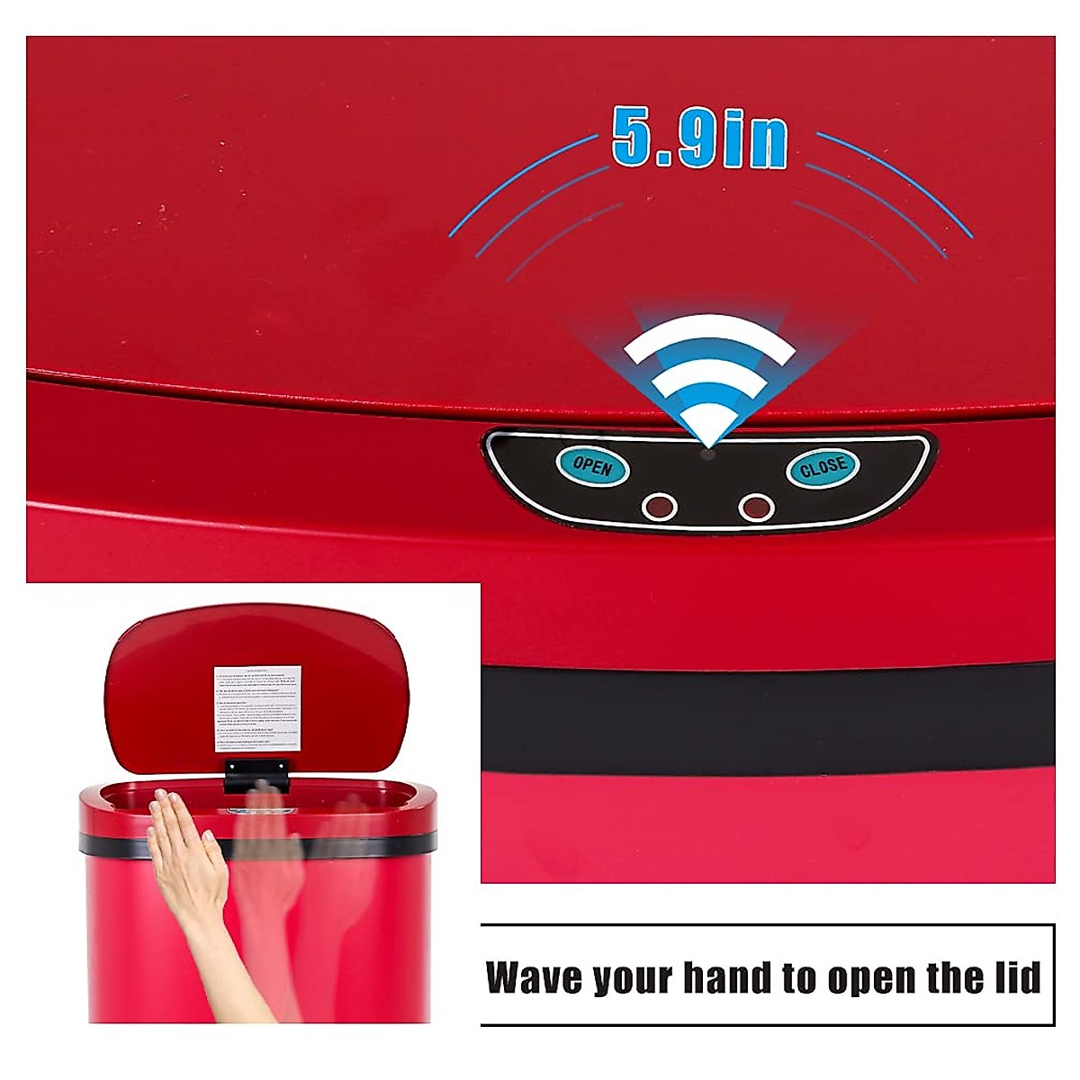 13 Gallon 50 Liter Garbage Can Kitchen Trash Can with Lid Automatic Sensor Touch Free Stainless Steel Waste Bin for Bathroom Bedroom Home Office,Red