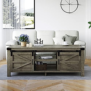 St.Mandyu Farmhouse Coffee Table with Hidden Compartment and Storage Cabinets Shelves, Wood Rectangular Tables with Sliding Barn Doors for Living Room Reception (Dark Grey)