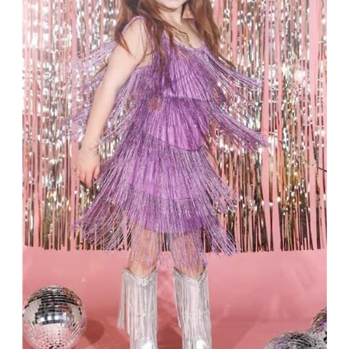 Kids Sequin Fringe Dress Sparkling Tassel Sleeveless Dress Little Girls Dance Wear Party Latin Dance Dress 1-6T (Purple, 5-6 Years)