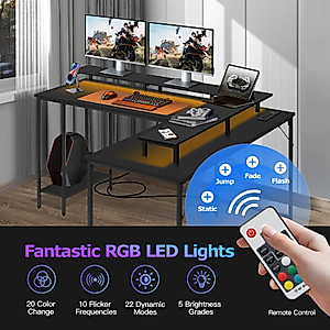 Panana 53.5" L Shaped Computer Desk Gaming Desk with LED Lights and Power Outlets, Reversible L Shaped Corner Desk with Monitor Stand, Home Office Desk with Shelf and USB Port (Black)