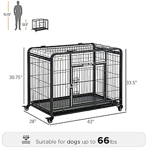 PawHut Folding Design Heavy Duty Metal Dog Cage Crate & Kennel with Removable Tray and Cover, & 4 Locking Wheels, Indoor/Outdoor 43"