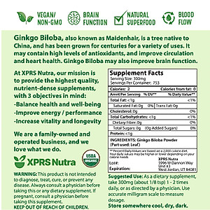 XPRS Nutra Organic Ginkgo Biloba Powder - Gingko Biloba Supplements for Cognition - Vegan Friendly Ginkoba Biloba Organic - Immunity Boosting Ginkgo Biloba Powder (8 oz)