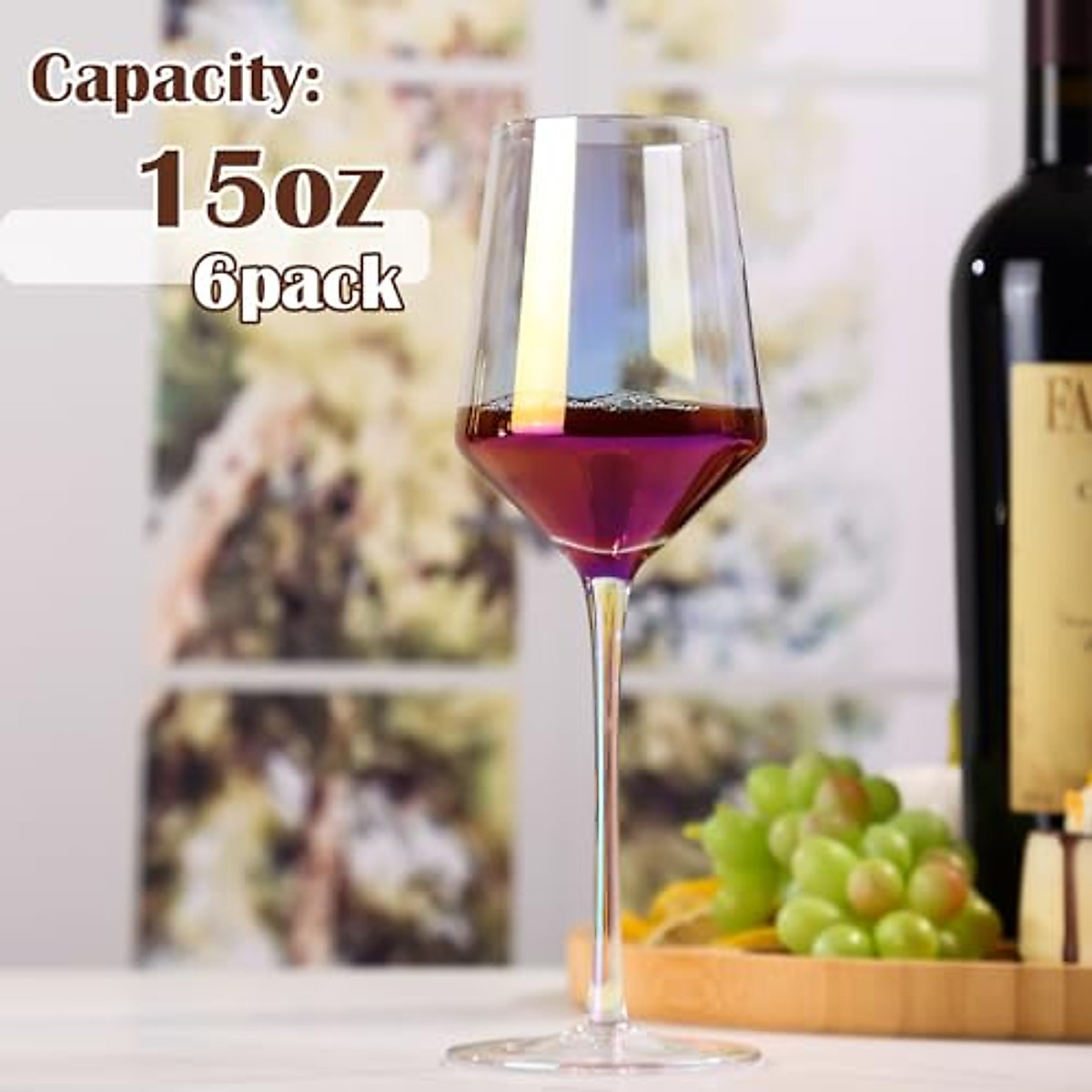 Physkoa Rainbow Wine Glass Crystal Hand-Blown Iridescent Wine Glasses Set of 6 for Wine Tasting,Bar 15oz