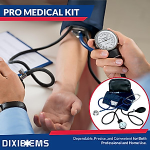 Dixie EMS Aneroid Sphygmomanometer and Dual Head Stethoscope Set with Adult Size Blood Pressure Cuff, Calibration Key and Carrying Case – Navy Blue