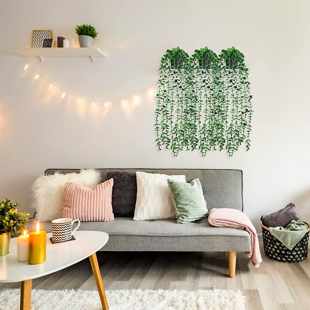 RECUTMS 2 Potted Fake Hanging Plants, Artificial Plants Hanging Tasteless Eucalyptus Leaf Shaped Natural Drooping Hanging Plants Artificial Decor Wall Home Garden (Green)