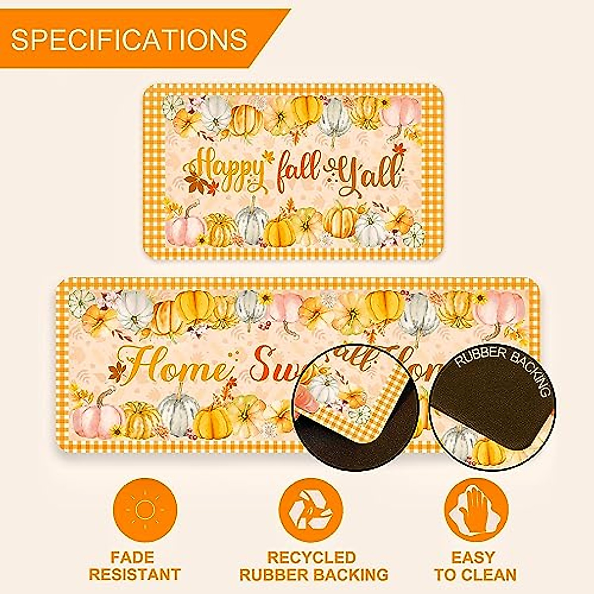 Fall Kitchen Mats, Happy Fall Yall Kitchen Rugs for floor Set of 2, Pumpkins Kitchen Rugs and Mats Non Slip, Autumn Leaves Sunflower Home Sweet Home Decor Gifts for Office Laundry, 17x29+17x47 Inch