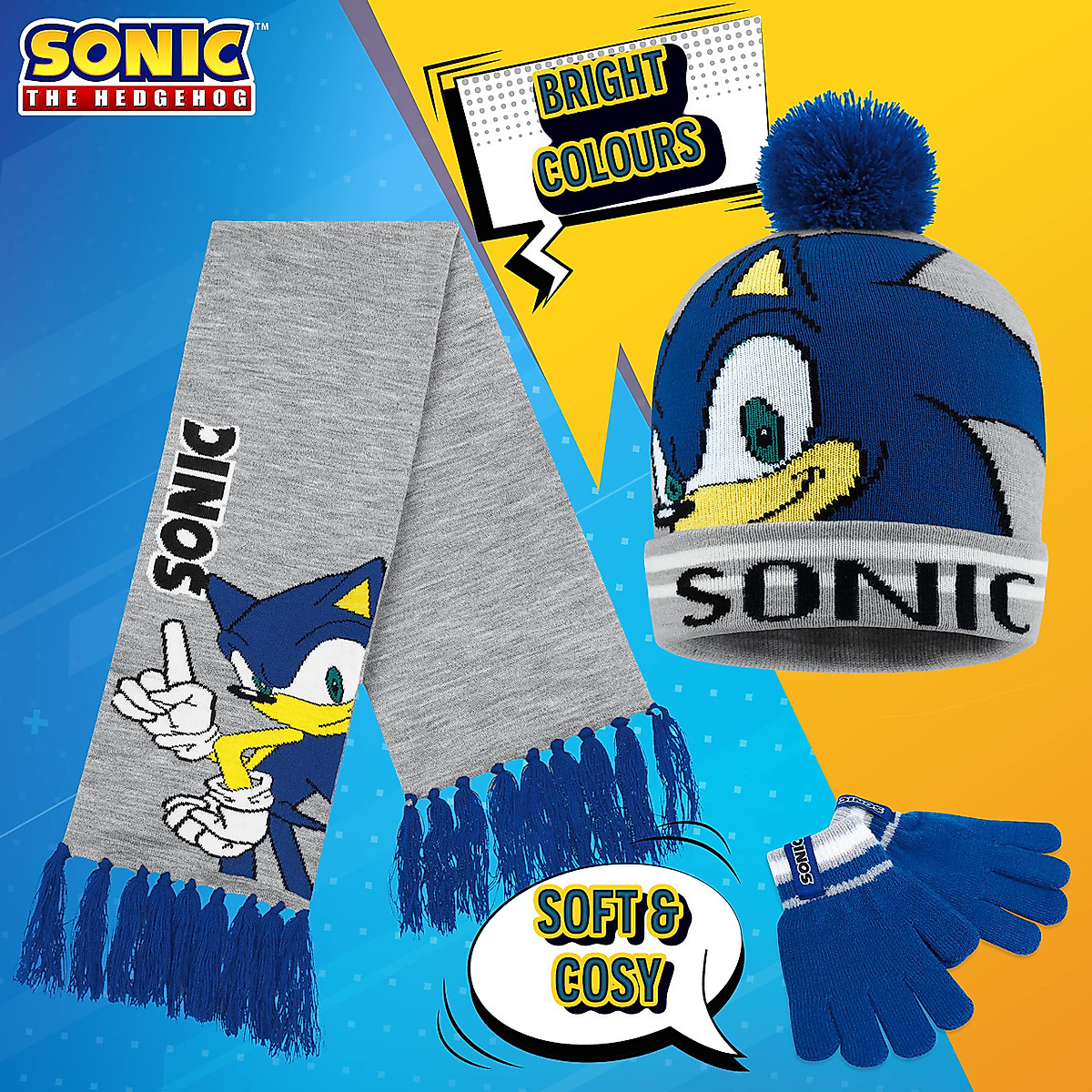 Sonic The Hedgehog Beanie Hat Scarf and Gloves Set for Boys (Multicolour- 3 Pieces)