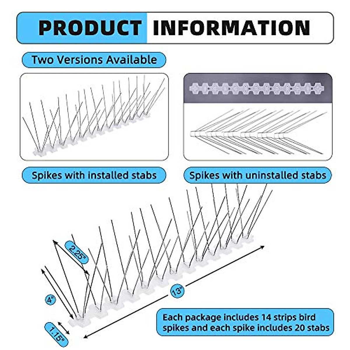 REMIAWY Bird Spikes for Small Birds, 15 Feet Bird Deterrent Spikes Stainless Steel Pigeon Spikes for Fence Roof Mailbox Window (14 Pack)