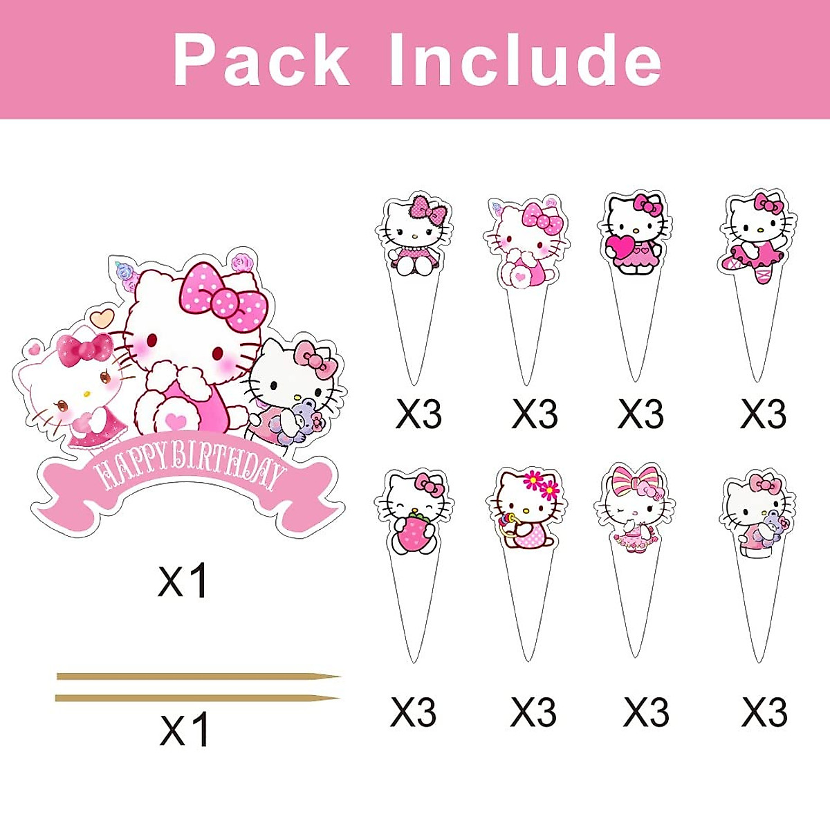 25pcs Kitty Cake Decorations with 1pcs Cake Topper, 24pcs Cupcake Toppers for Girls Birthday Party Decorations