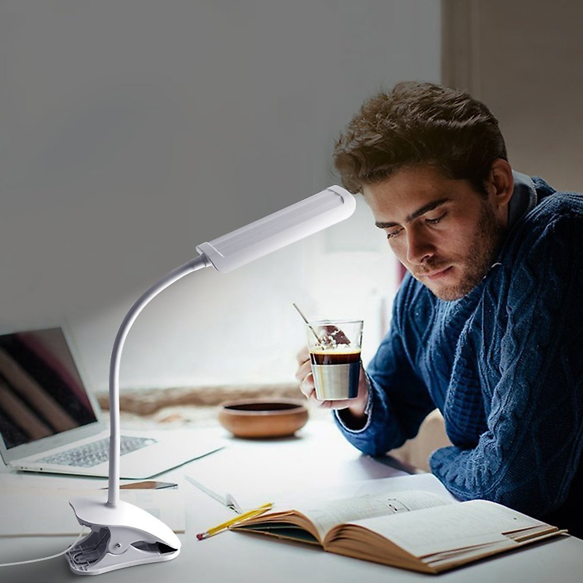 KEDSUM 7W Dimmable LED Clip on Lamp, Flexible Gooseneck Clip on Reading Light with 3-Level Dimmer, Touch-Sensitive Control Panel, Clamp Lamp for Desk