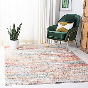SAFAVIEH Calista Shag Collection 5'5" x 7'7" Beige / Aqua CAL112B Abstract Non-Shedding Living Room Bedroom Dining Room Entryway Plush 1-inch Thick Area Rug