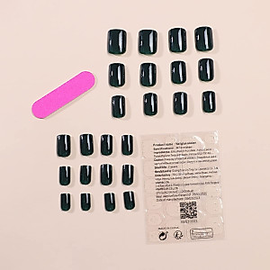 Blackish Green Press on Nails Short Square Fake Nails Solid Color Stick on Nails Summer Acrylic Nails Holiday Artificial Nails Glossy uñas postizas for Women Girls 24PCS