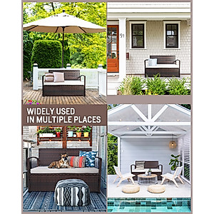 OYODHPDU 60 Gallon Outdoor Storage Bench- All Weather PE Rattan Deck Box- Deck Box w/Thick Seat Cushion- Patio Sofa Storage Bench with Cushion for Porch, Yard, Lawn, Garden (Brown)