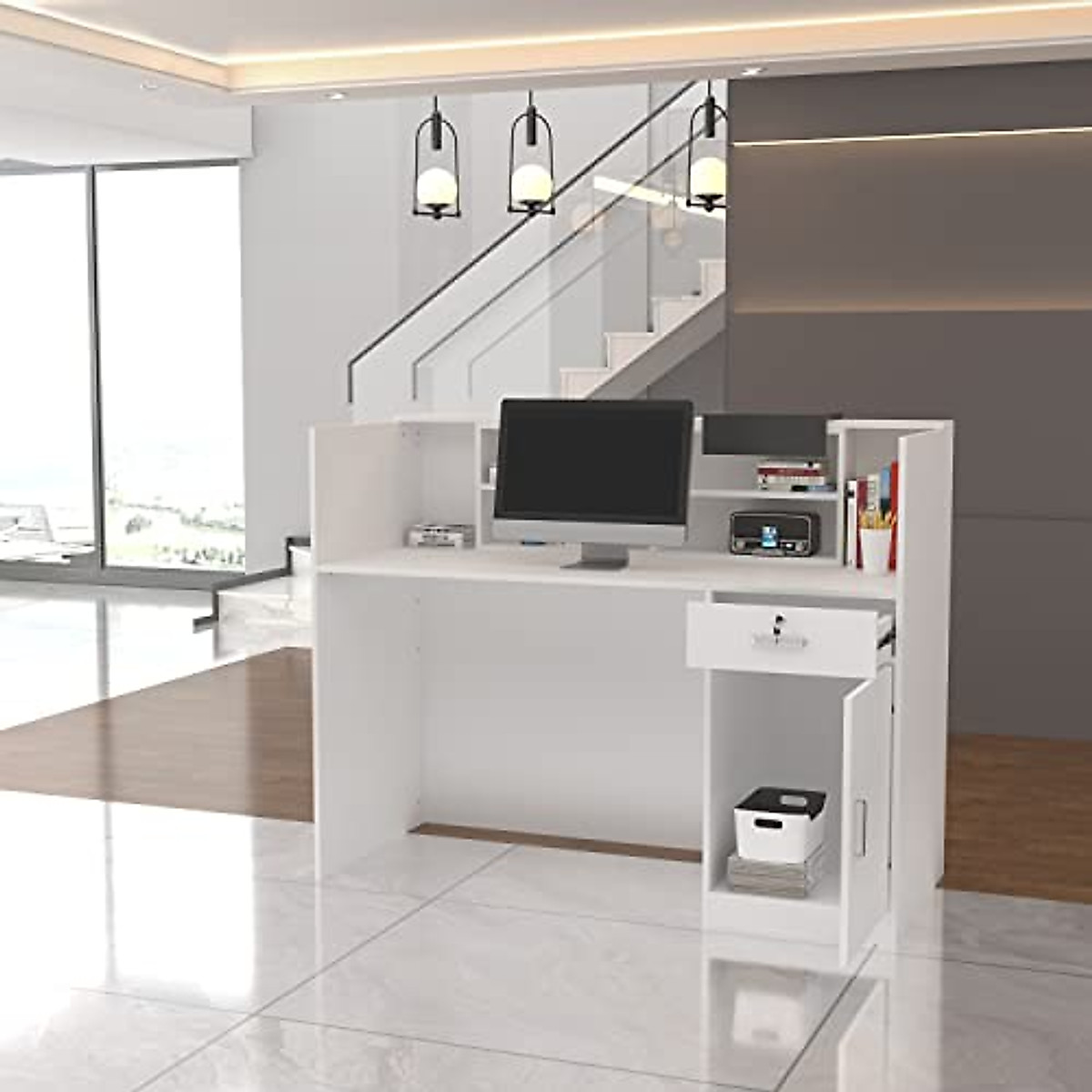 AIEGLE Reception Counter Desk with Adjustable Shelf & Lockable Drawersfor Salon Reception Room Checkout Office, White (55.1" L x 23.6" W x 43.3" H)