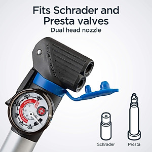 Schwinn Air Sport Plus, Bike Frame Hand Pump with Rotating Pump Head, Pressure Gauge, Pumps 120 Max PSI, Dual Head Fits Schrader and Presta Valve Types, Silver