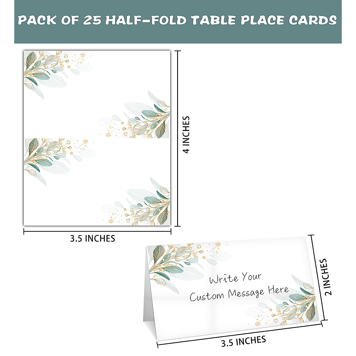 Gold Foil Greenery Table Place Card, 25 Pcs Tent Style Cards Set with Green Eucalyptus, Editable Name Cards for Table Seating, Food Lables for Birthday Party, Baby Shower, Wedding, Bridal Shower(15)