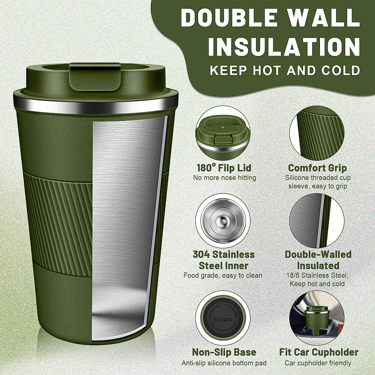 Insulated Coffee Tumblers with Flip Lid 12oz / 17oz, Stainless Steel Travel Coffee Mug Leak Proof, Vacuum Insulated Coffee Mug Thermos Cup, Keeps Cold and Hot for Coffee Tea