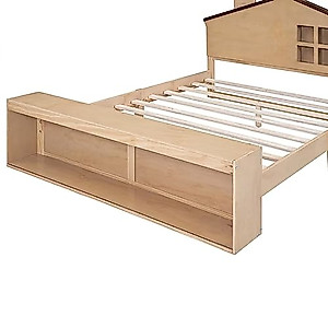 Ayvbir Full Size Platform Bed Frame with LED Lights and Storage, House Bed for Kids Bed Wood Platform Bed,Natural Bed Platform