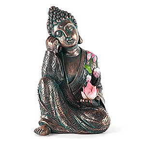MIBUNG Zen Meditating Buddha Garden Statue Outdoor, Large Bronze Lotus Sitting Buddha Decor with Solar Lights Asian Art Ornament Sculpture, Patio Yard Lawn Home Decorations, Housewarming Gifts