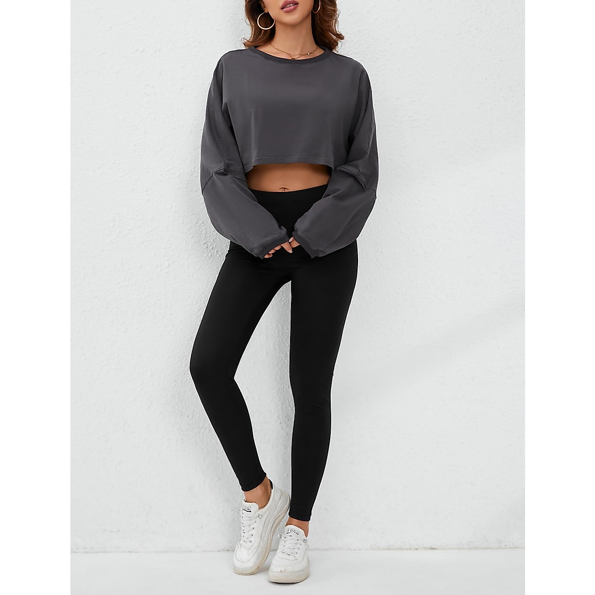 Meladyan Women Long Sleeve Crewneck Crop Top Tee Shirt Sweatshirt Casual Solid Loose Fit Workout Cropped Pullover Tshirt Dark Grey