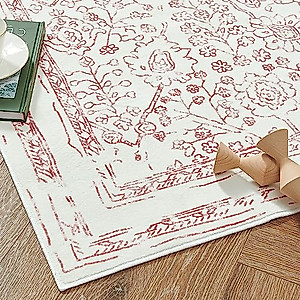 jinchan Area Rug 8x10 Persian Rug Washable Boho Living Room Rug Floral Print Large Rug Indoor Soft Distressed Carpet Thin Rug Bedroom Dining Room Office Farmhouse Red On Cream