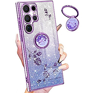 Coralogo (3in1 for Samsung Galaxy S23 Ultra Case Glitter Sparkly Women Girls Sparkle Girly Bling Shiny Phone Cover Cute Flowers Floral Design with Ring Pretty Purple Cases for S23 Ultra 2023 6.8''
