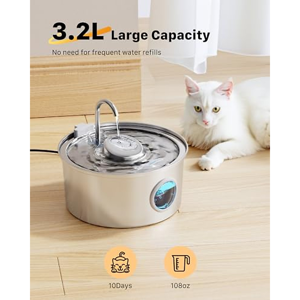 Cat Water Fountain Stainless Steel: Cat Fountain for Drinking Dog Water Bowl Dispenser 108oz/3.2L Automatic Kitty Spout Metal Pet Water Fountain Indoor KOOGMOON