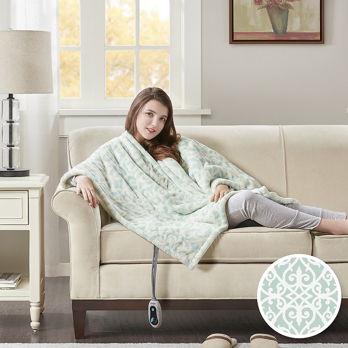 Beautyrest Ultra Soft Sherpa Berber Fleece Electric Poncho Wrap Blanket Heated Throw with Auto Shutoff, 50 in x 64 in, Dusty Blue Lattice