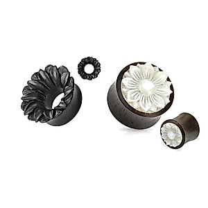 Zaya Body Jewelry 2 Pairs of Organic Black Flower Mother of Pearl Wood Hand Carved Ear Plugs Tunnels Gauges 0g 00g 1/2 9/16 5/8 3/4 7/8 1 Inch (00g)