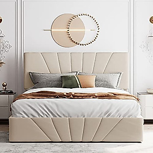 CITYLIGHT Upholstered Queen Platform Bed Frame with Storage, Queen Size Bed with Gas Lift Up Storage, Wooden Queen Storage Bed with Tufted Headboard and Hydraulic Storage System,Beige