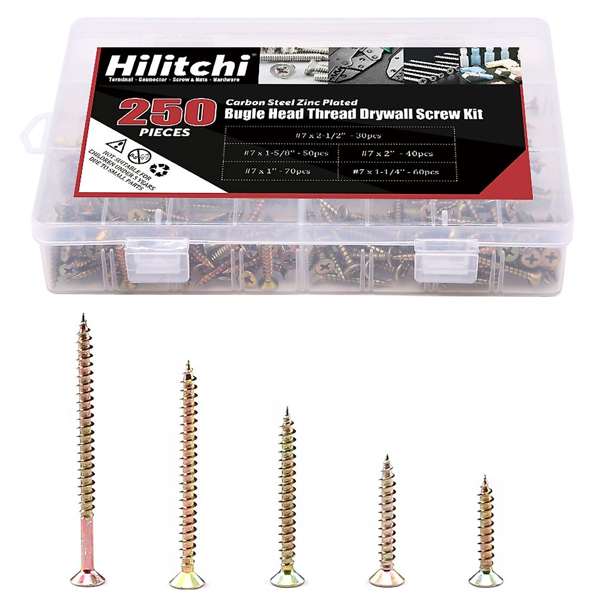 Hilitchi 250-Pcs #7 Phillips Bugle Head Coarse Thread Drywall Screw Assortment Kit, Carbon Steel Zinc Plated, Ideal Screw for Drywall Sheetrock, Wood, and More