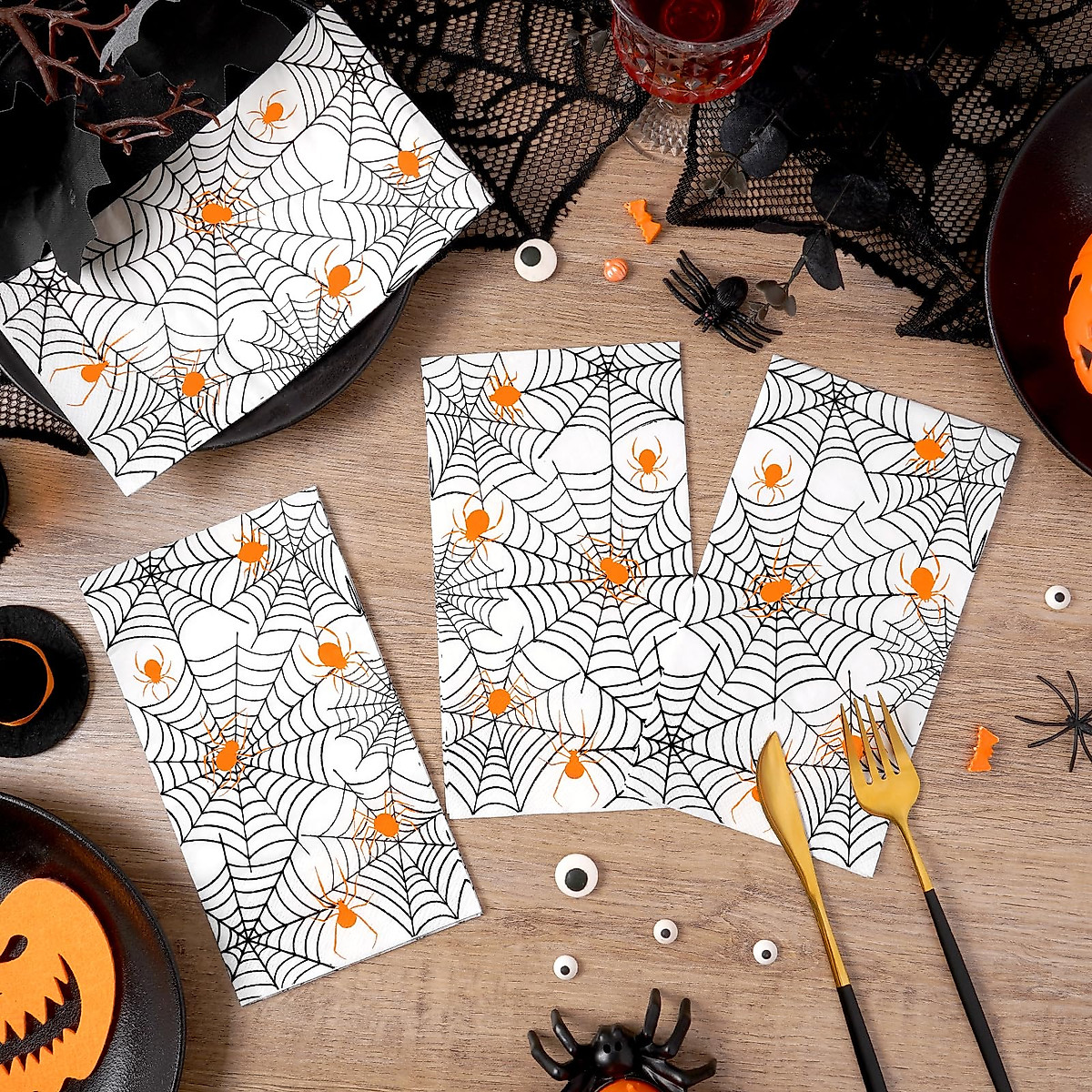 Homlouue 100 PCS Halloween Paper Napkins, Halloween Spider Webs Napkins, Halloween Napkins Disposable for Halloween Party Dinner Decorations Holiday, Halloween Guest Napkins for Home Party Supplies