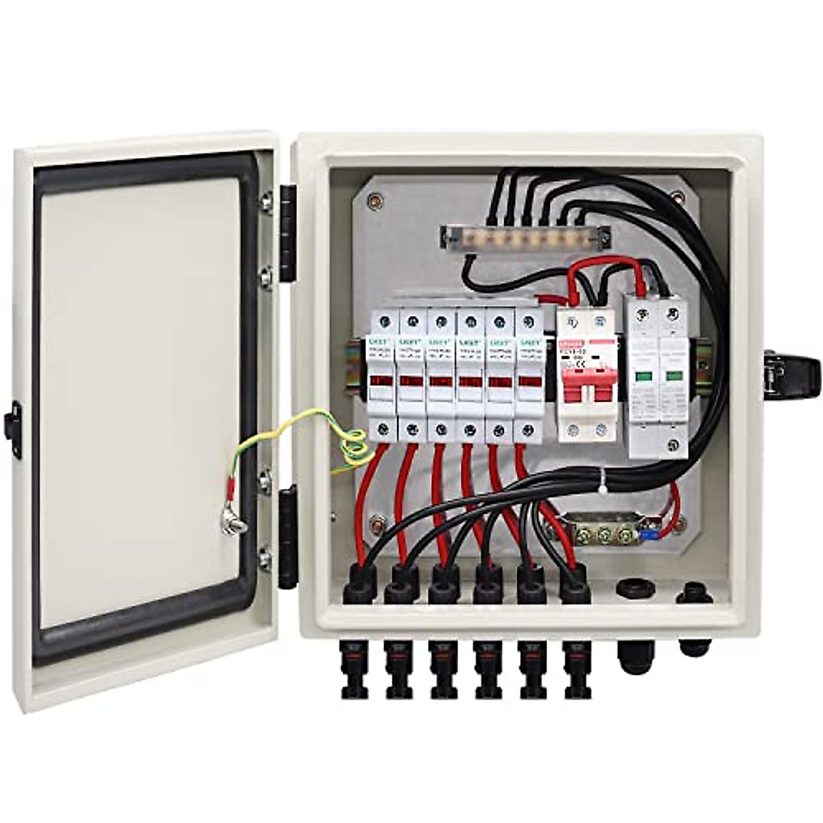 TWTADE Metal Solar Combiner Box,6 String PV Combiner Box with LED 15A Rated Current Fuse and 63A Air Circuit Breaker & Surge Protective Device,for On/Off Grid Solar Panel System