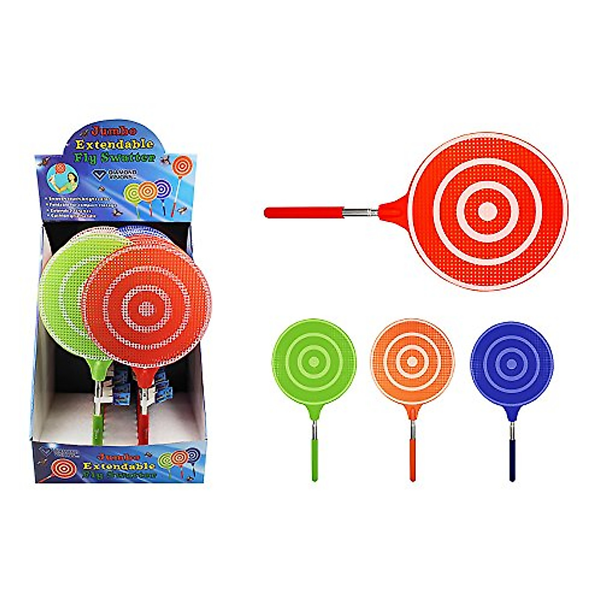 Diamond Visions 2221831 Extendable Jumbo Fly Swatter Multipack in Assorted Colors (2 Jumbo Swatters)