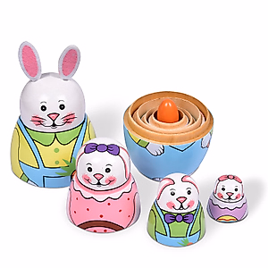 HYSIGUAN Easter Bunny, Handmade Easter Wooden Toys for Toddlers, 5 Pcs Russian Nesting Dolls, Special Easter Eggs Decoration for Home, Gifts, Table, Bedroom, Kitchen (Rabbit)