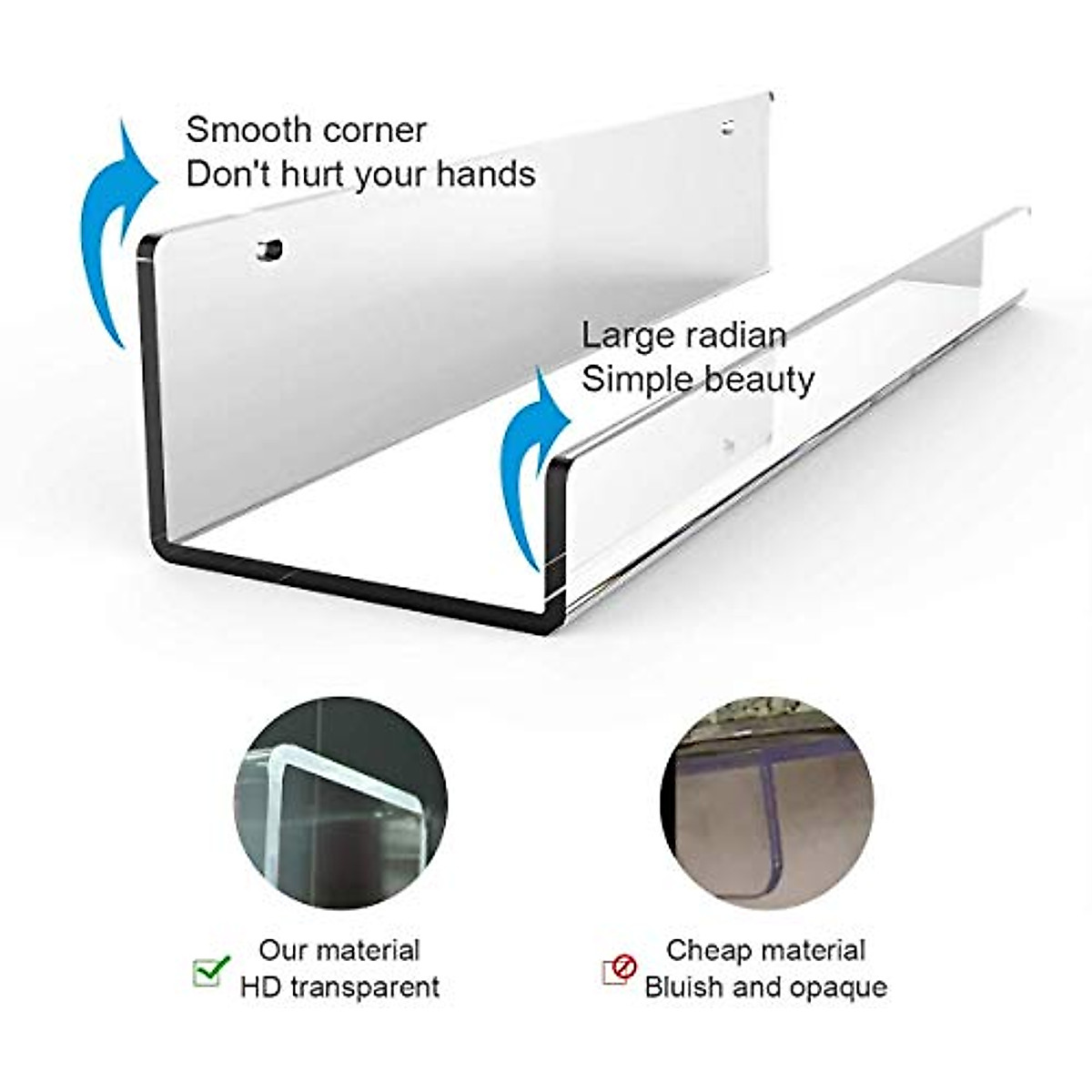 15 inch Clear Acrylic Floating Wall Ledge Shelf Display,4pcs Wall Mounted Nursery Kids Bookshelf Invisible Spice Rack, Bathroom Storage Shelves Display for Bedroom Office Toy Picture Ledge, 5MM Thick