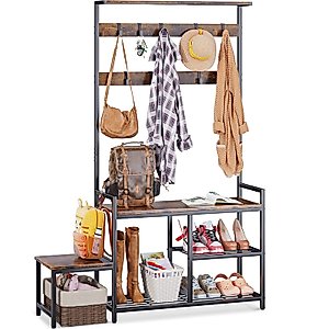 ODK Parent-Child Hall Tree with Bench and Shoe Storage, Entryway Rack with Metal Frame and Hooks, for Entrance, Foyer, Mudroom (Rustic Brown)