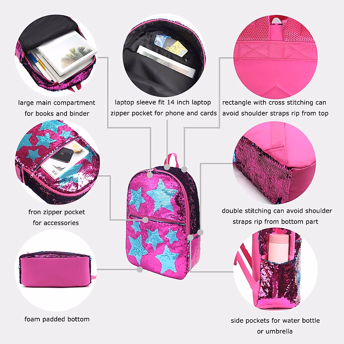 Le Vasty Kids Sequin Backpack for Little Girls Cute Elementary School Book Bag Bookbag Glitter Sparkly Child Travel Back Pack One_Size Hot Pink