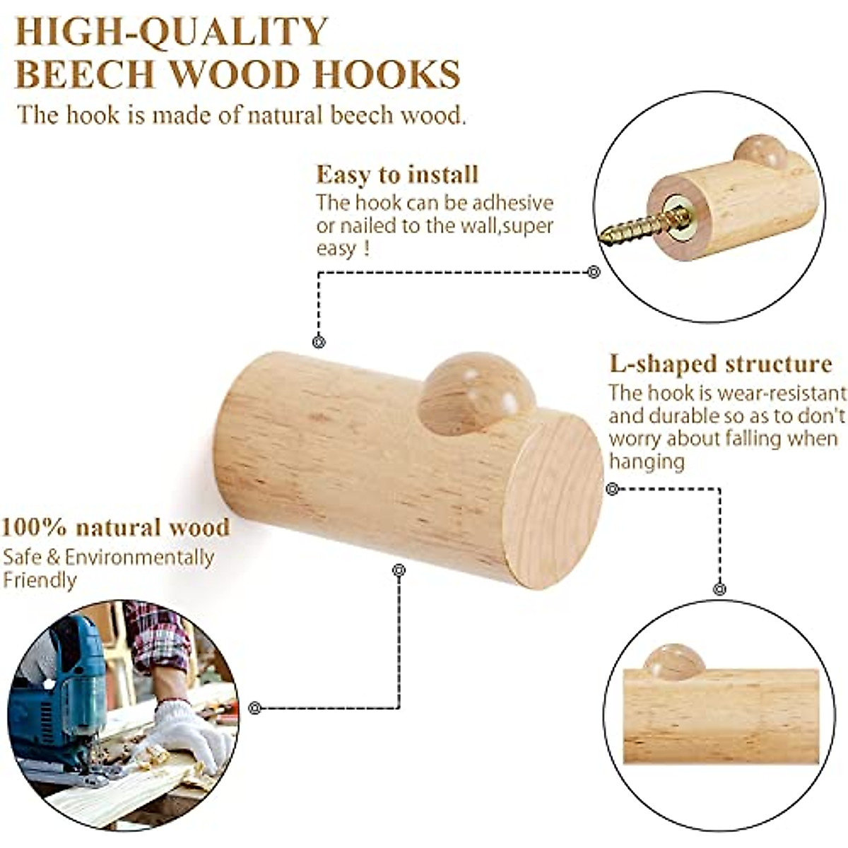 FDNVKTT Natural Wood Wall Hooks - 6 Packs - Adhesive Wooden Coat Hook Pegs - Modern Wood Pegs for Hanging - Decorative Wooden Pegs for Hanging Towel, Hat, Purse, Plant (Beech Wood)