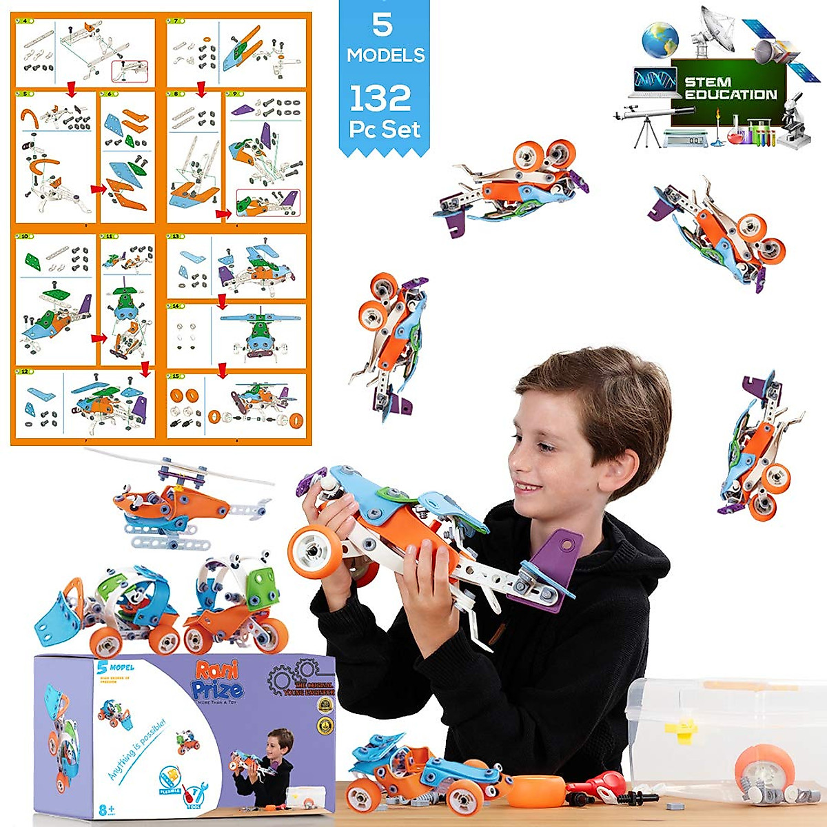 STEM Learning Toys for 6-8 Year-Old Boys & Girls. Building Toy Set, Early Learning Construction, 132 Pc Kit Set, Fun and Creative Educational Models (5 in 1), Includes Toolbox Storage, Best Toy Gifts