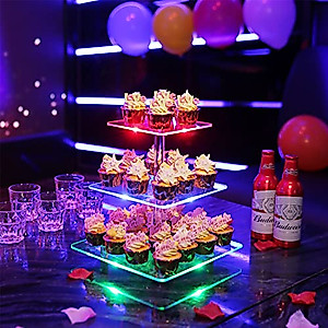 TANGSHUO 3 Tiers Square Acrylic Cupcake Stands with Rechargeable LED Light, Clear Cupcake Tower - Dessert Tower - Cupcake Tier Stands for Weddings, Anniversaries, Baby Showers, Birthday Parties