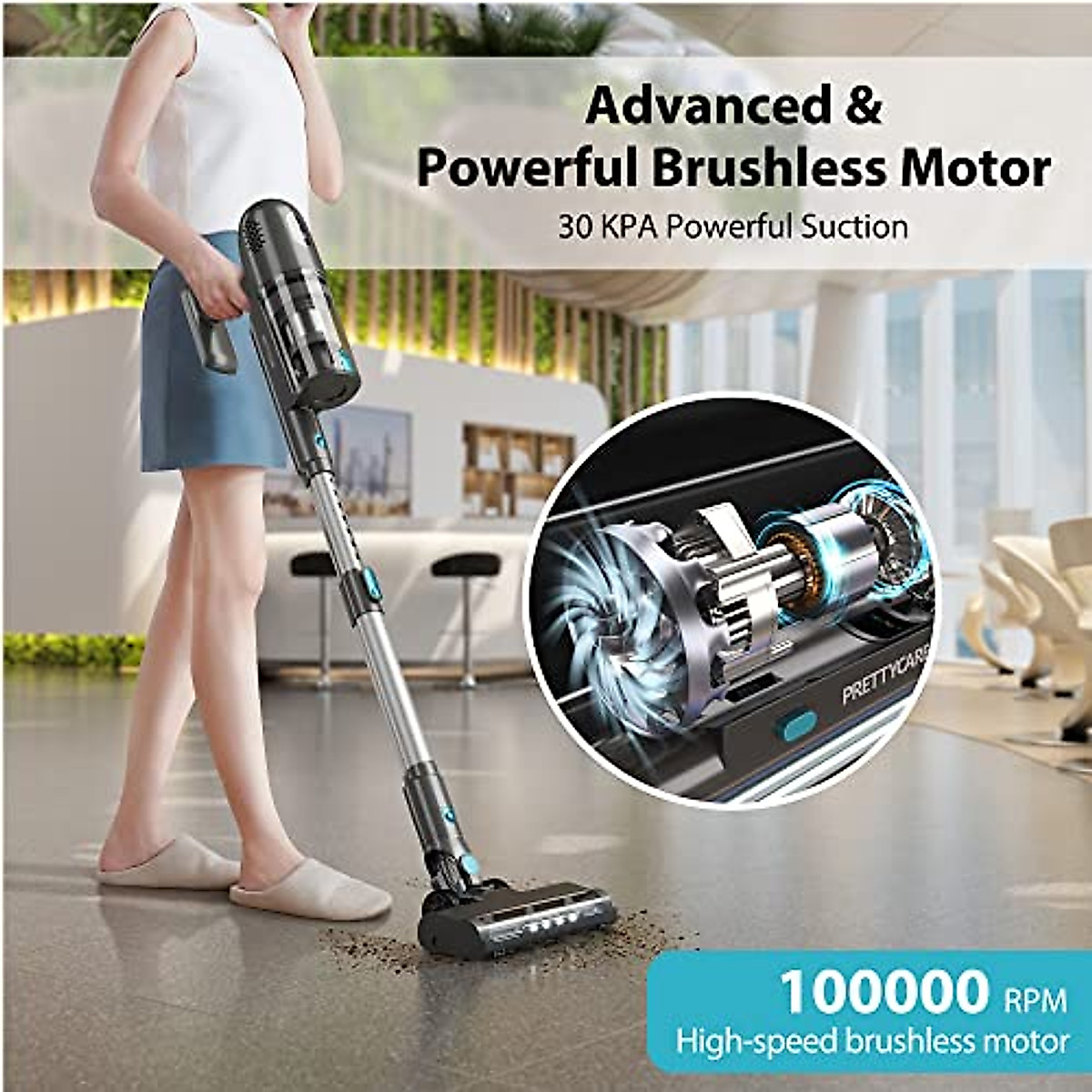 PRETTYCARE Cordless Vacuum Cleaner, 30Kpa Powerful Stick Vacuum with Brushless Motor, 45 Mins Long Runtime, LED Touch Display, Self-Standing Vacuum Cordless for Home Hard Floor Carpet Pet Hair, P1 Pro