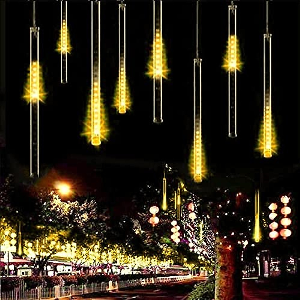 MUEQU Solar Light Outdoor, Waterproof Christmas String Lights Solar LED Meteor Shower Rain Lights Falling Raindrop Light 8Tubes 288LED Fairy Lights for Xmas Tree Garden Party Decor (Warm White)